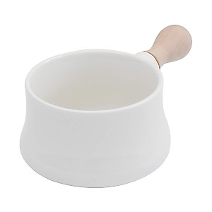 Cabilock Enamel Milk Pot Noodle Bowl Non-Stick Mini Saucepan Butter Warmer with Wooden Handle Small Cookware for Home kitchen Supplies Dessert Cereal Salad Fruit (White About 380ML)