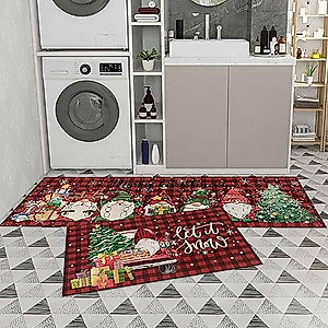Christmas 2Pcs Kitchen Rugs Anti Fatigue Kitchen Mat Non Slip Rug Runner Comfort Standing Floor Mats Kitchen Carpet Set for Sink Laundry - Christmas Red Truck Pull Gnome Xmas Tree Red Buffalo Plaid