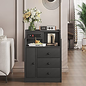 Tiptiper Nightstand with Charging Station and Hutch, Black Night Stand with 3 Storage Drawers End Side Table with 1 Door, Modern Bedside Table for Bedroom, 17.7D x 14W x 26.8H in