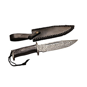 HK Handmade 13″Hunting Bowie Knife,Forged Damascus Bushcraft knife,knives for men with gray pakkawood Handle & leather sheath,damascus knife best for Outdoor & Indoor Camping,Survival,Skinning