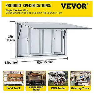 VEVOR Concession Window 60 x 36 inch, Aluminum Alloy Food Truck Service Window with 4 Horizontal Sliding Screen Windows & Awning Door & Drag Hook, Serving Window for Food Trucks Concession Trailers