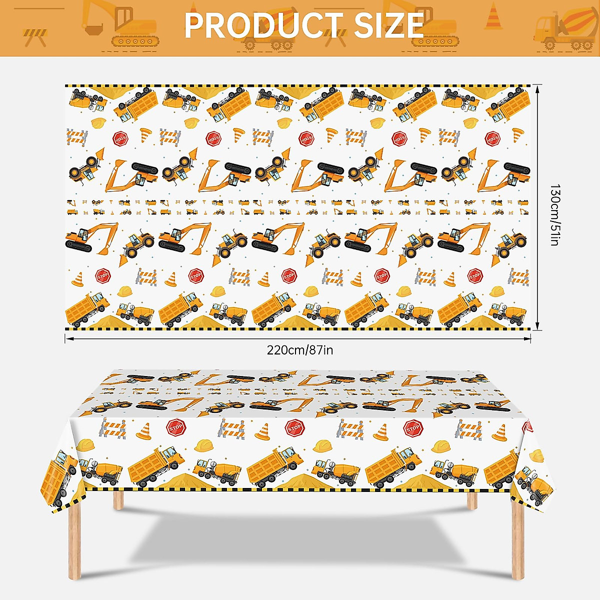 2 Pack Construction Table Cloth - Dump Truck Tablecloth, Plastic Disposable Rectangle Yellow Trucks Themed Table Cover for Construction Birthday Party Supplies Table Decorations Favors, 87 x 51 Inch