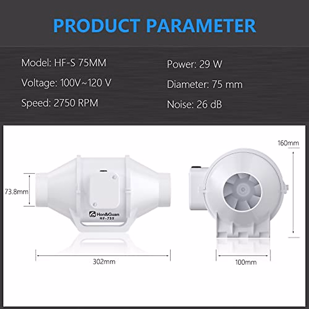Hon&Guan 3 Inch Duct Fan, High Efficiency Inline Fan Mixed Flow Ventilation System Exhaust Air Fan for Bathroom, Kitchen, Grow Tent, 3D Printer (S Series)
