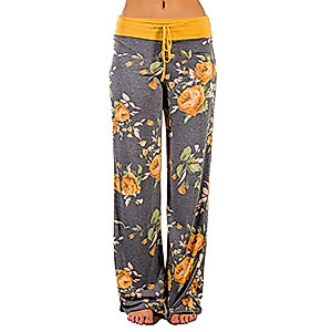 iChunhua Women's Comfy Stretch Floral Print Drawstring Palazzo Wide Leg Lounge Pants(S,Yellow)