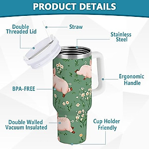 Wusikd Cute Pink Pig Tumbler Handle Lid and Straw Flowers Water Bottle Stainless Steel Coffee Travel Tumbler Mug Cup Gifts for Men Women 40oz