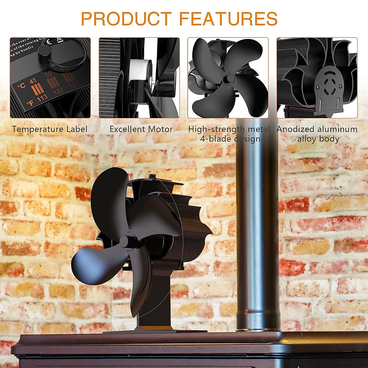 Sterktlys Wood Stove Fan, 4-Blade Heat Powered Stove Top Fan with Temperature Label, Magnetic Stove Thermometer, Efficient Heat Distribution & Silent Operation, for Fireplace, Log Burner, Pellet Stove