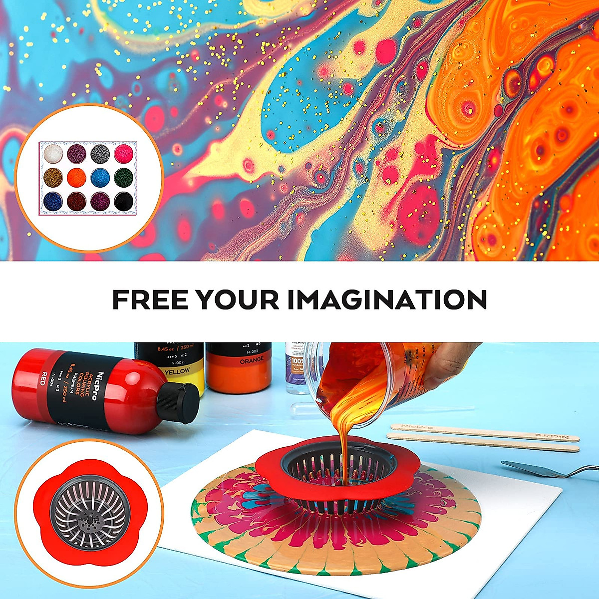 Nicpro 14 Colors 8.45oz Acrylic Pour Paint Supplies Kit, Large Volume Premixed High Flow Painting Bulk Set with Canvas, Wood Natural Slices, Pouring Oil, Tools Gloves, Strainer, Cups for Beginner DIY