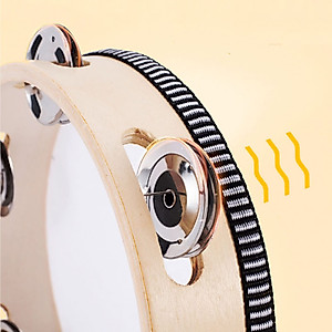 Tosnail 10 Inches Handheld Wooden Tambourine - Double Rows 16 Pairs Jingles