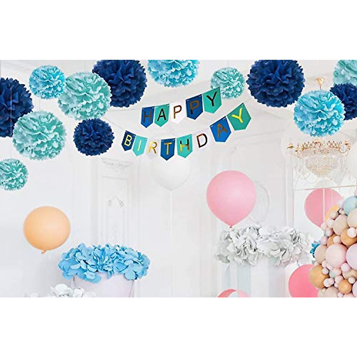 Brcohco Happy Birthday Banner Bunting with Shiny Gold Letters Party Supplies (Blue White)