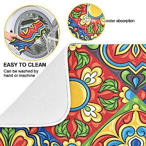 Mexican Talavera Tile Dish Drying Mat for Kitchen Counter, Microfiber Dish Drainer Mat for Kitchen Countertop 18 x 24 inch
