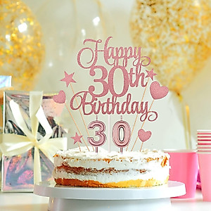 30th Birthday Cake Decorations Set Include 30th Birthday Candles Numeral 30 Cake Candles and Happy 30th Birthday Cake Toppers with Heart Star Cupcake Picks for Birthday Party (Rose Gold Series)