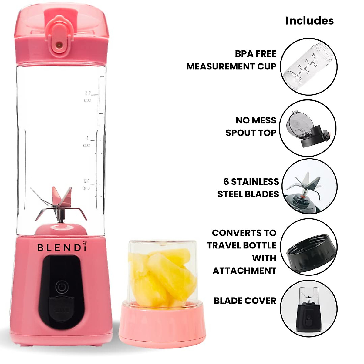 Blendi Pro Plus Premium Cordless Portable 17.5oz Rechargeable Blender - Crush Ice, Fruit & Blend Sports Powders in Seconds - Stainless Steel Blades w/High Powered 120W Motor - Gym, Tailgates (Pink)