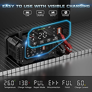 ABLY Battery Charger 20A 12V/24V LiFePO4 Lead Acid Fully Automatic Battery Maintainer, Car Battery Trickle Charger Automotive w/Battery Repair, Winter Mode, for AGM, STD, Gel, Deep Cycle Batteries