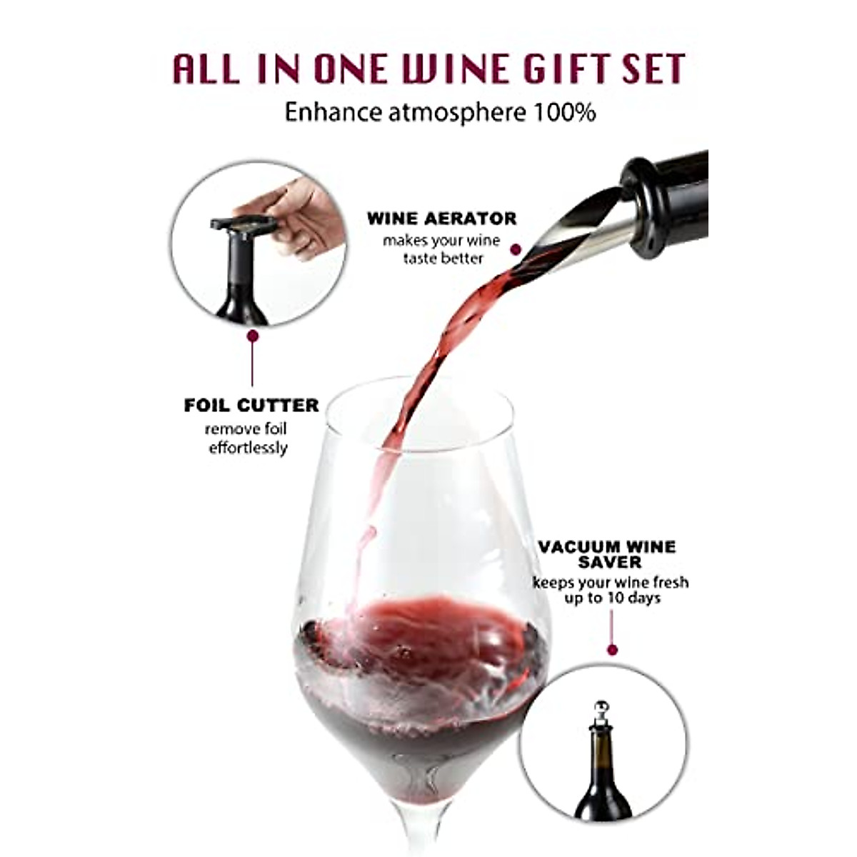 Wine Opener, KITESSENSU Easy Lever Wine Corkscrew with No-Stick Worm, 6-Piece Wine Bottle Opener Set with Foil Cutter, Bottle Stopper, Pourer, Extra Cork Screw and Base, Silver