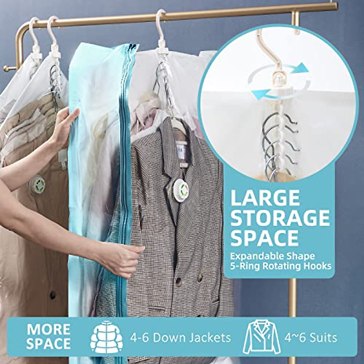 TAILINK Hanging Vacuum Storage Space Saver Bags 6 Pack (3 Long+3 Short) for Clothes, Winter Coats, Suits, Dress Garments, Variety Wide-Side Space Saver Garment Bags, Closet Organizer Save 80% Space