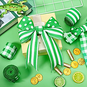 3 Rolls 15 Yards St. Patrick's Day Burlap Wired Ribbons Green Wrapping Ribbons Farmhouse Craft Ribbon Plaid Striped Dot Ribbons for Saint Patty's Day Party Irish Home DIY Crafts Holiday Decoration