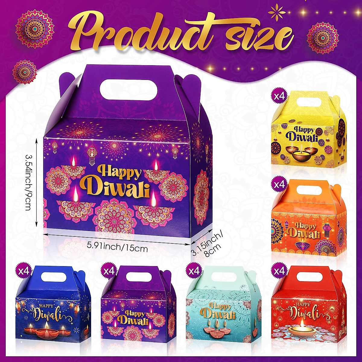 Kolldenn 24 Pcs Happy Diwali Party Favor Gift Boxes, Diwali Treat Boxes Indian Festival of Lights Gifts Gable Boxes Goodie Candy Snack Sugar Chocolate Gift Boxes for Diwali Party Decorations