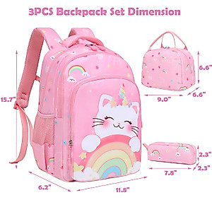 Girls Backpack with Lunch Bag Set, 3PCS Pink Unicorn Cat School Backpack with Pencil Case Large Capacity School Bookbags with Chest Strap for Preschool Kindergarten Elementary Girls