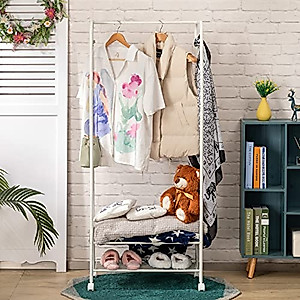 DOEWORKS Metal Garment Wire Rack With 2 Tier Storage Shelves for Large Capacity, Freestanding Clothes Hanger Storage Rolling Rack for Home, White