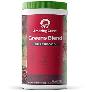 Amazing Grass Greens Blend Superfood: Super Greens Powder Smoothie Mix with Organic Spirulina, Chlorella, Beet Root Powder, Digestive Enzymes & Probiotics, Berry, 60 Servings (Packaging May Vary)