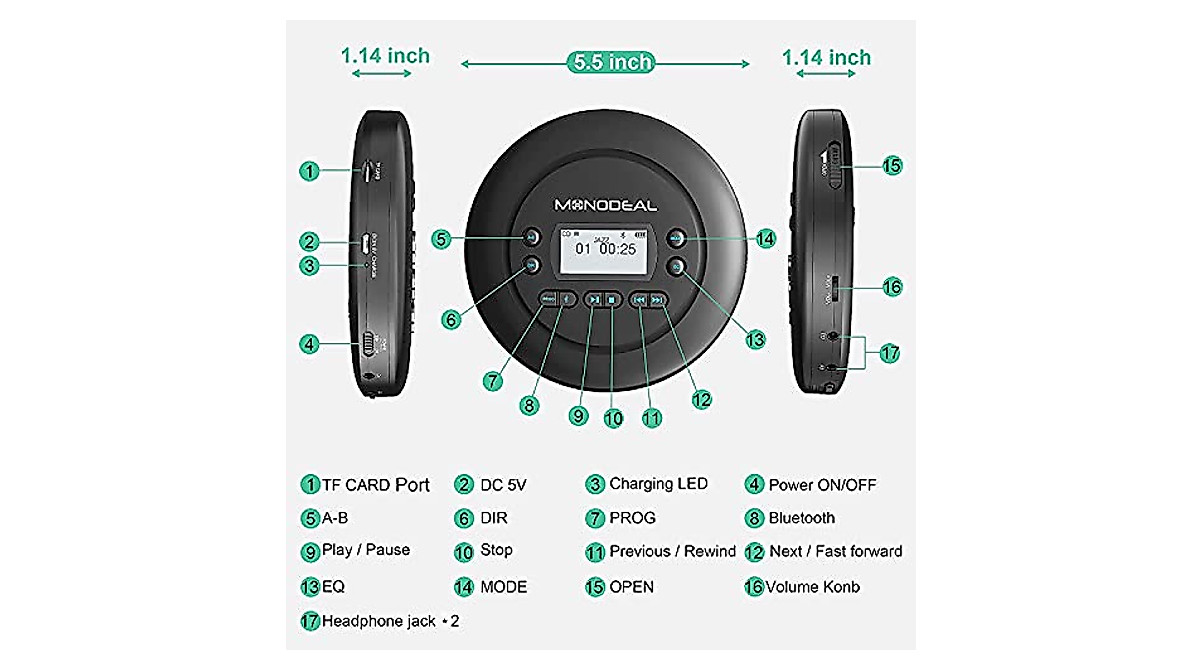 Portable Bluetooth CD Player - MONODEAL Rechargeable Walkman