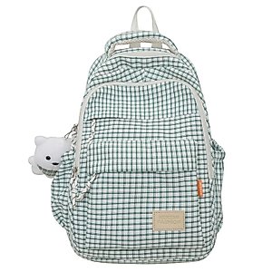 Kawaii Backpack with Cute Accessories Large Capacity Checkered Plaid Rucksack for Women Trendy Aesthetic Casual Daypack (Green)