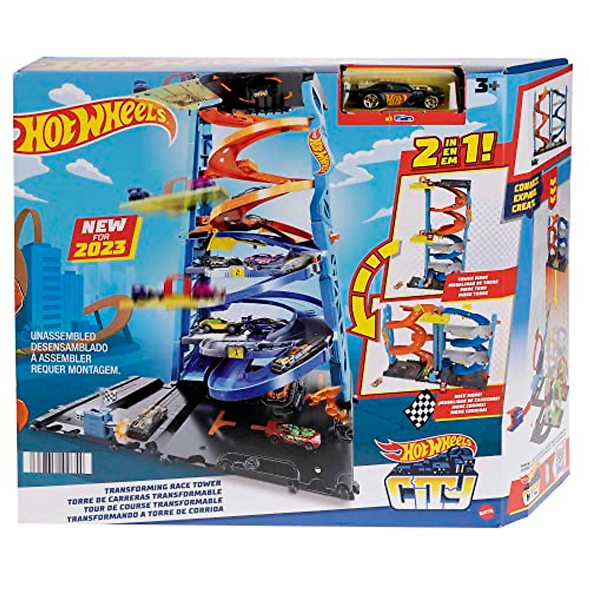 Hot Wheels Toy Car Track Set City Transforming Race Tower, Single to Dual-Mode Racing, with 1:64 Scale Car