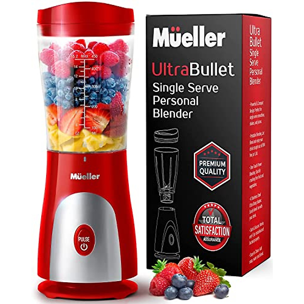 Mueller Ultra Bullet Personal Blender for Shakes and Smoothies with 15 Oz Travel Cup and Lid, Juices, Baby Food, Heavy-Duty Portable Blender & Food Processor, Red