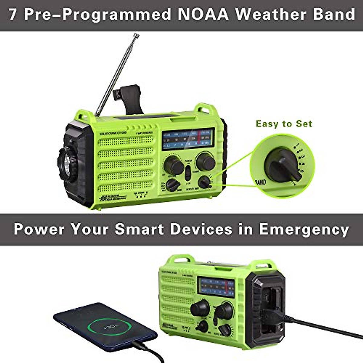 Emergency Radio Hand Crank Solar, AM/FM/SW NOAA Weather Radio, Portable Battery Operated Radio with Cell Phone Charger, 3W LED Flashlight & Reading Lamp, SOS for Home,Storm,Camping,Survival