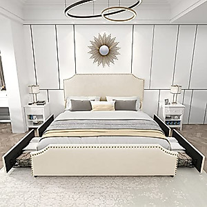 AMERLIFE Queen Size Bed Frame with 4 Storage Drawers and Headboard, Queen Velvet Upholstered Platform Bed with Rivet Curved Adjustable Headboard/Strong Wooden Slats/Easy Assembly/Cream