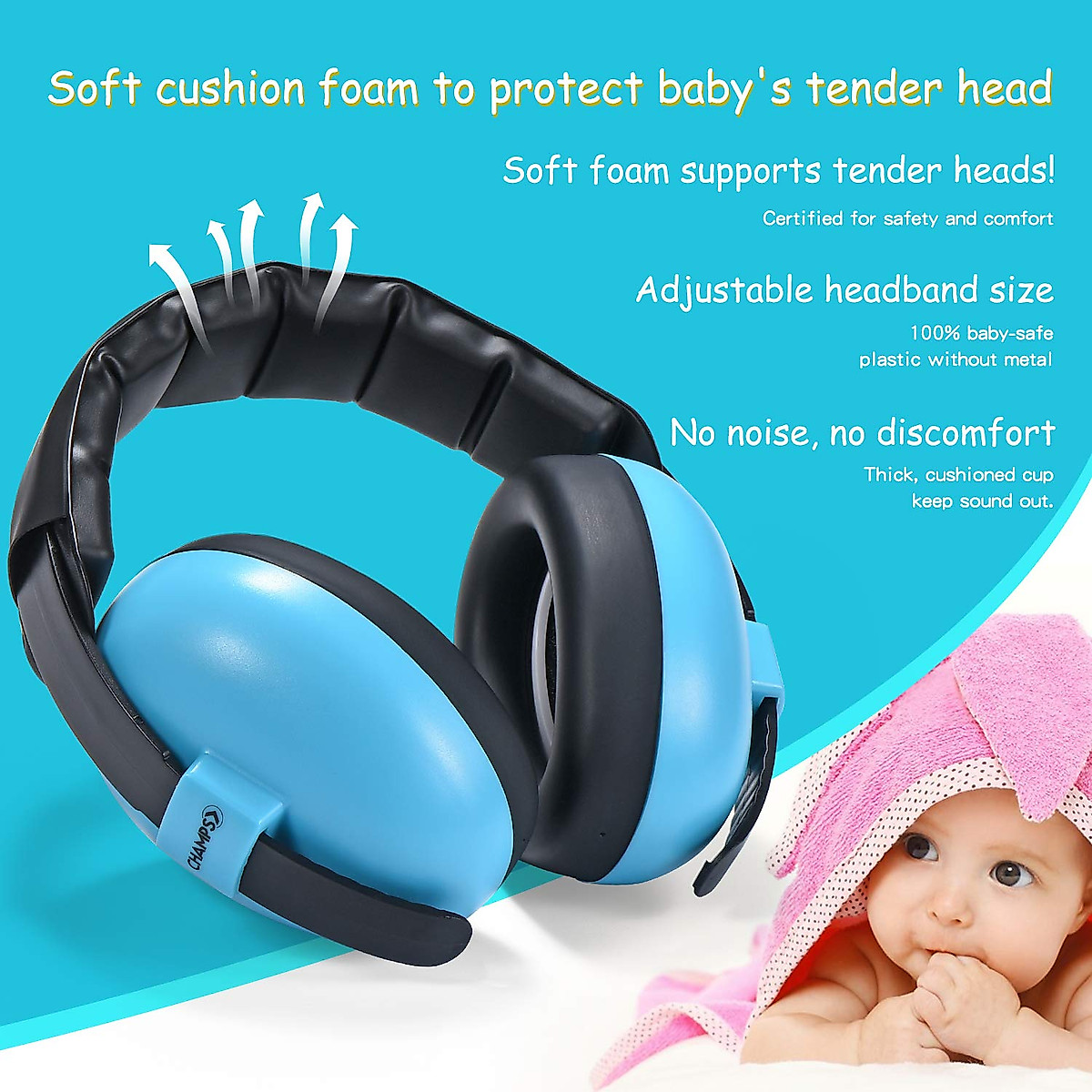 CHAMPS Baby Ear Muffs, Baby Earmuff Noise Protection Reduction Headphones for 0-3 Years Babies, Toddler, Infant, Safety Hearing Ear Muff Shooting Range Hunting Season [Blue]