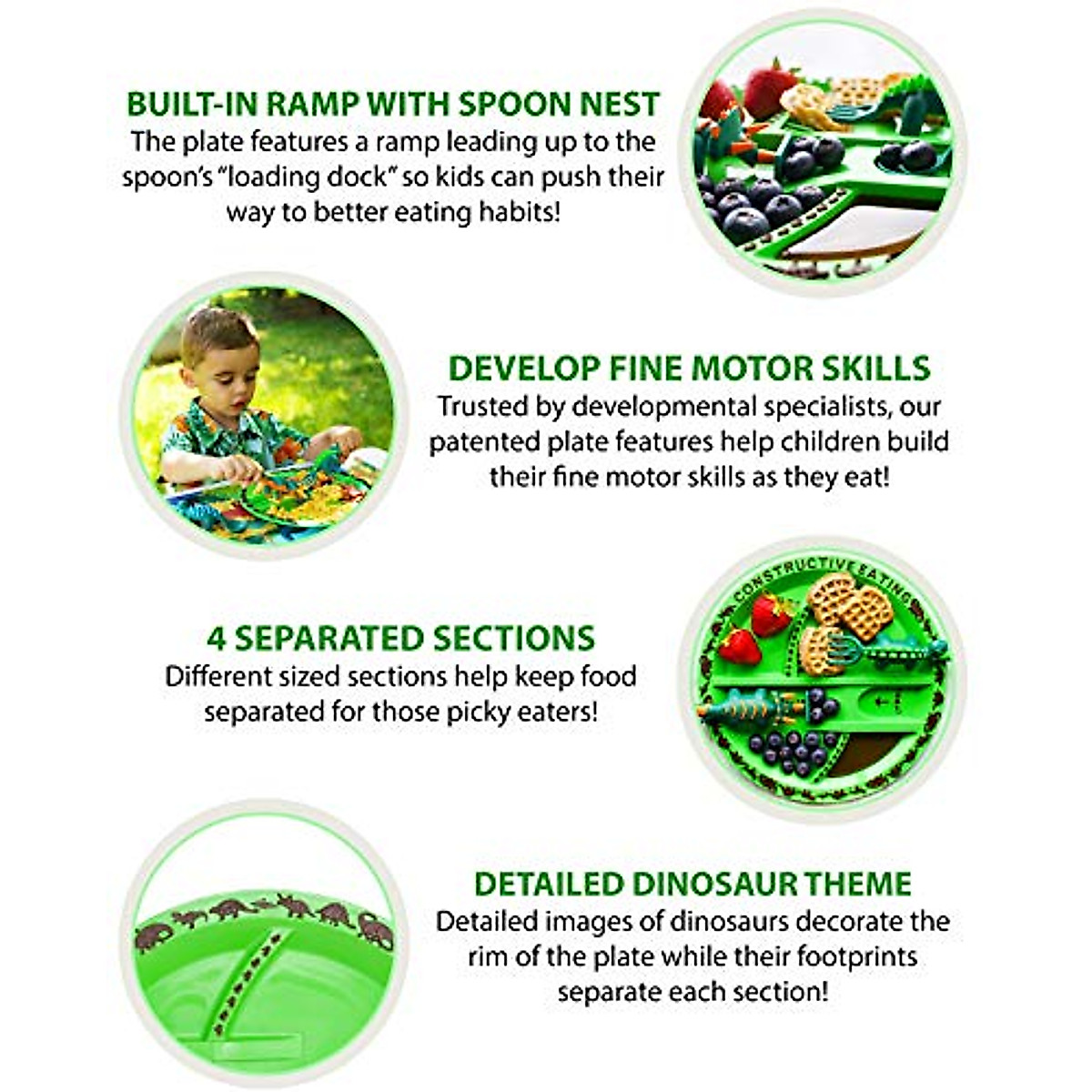 Constructive Eating Plate and Utensils Set Dinosaur - Made in USA - Toddler Dinnerware, Kids Dinnerware and Utensils Set for Ages 1-3, Toddler Utensils 2 and 3 Year Old, Divided Toddler Plates