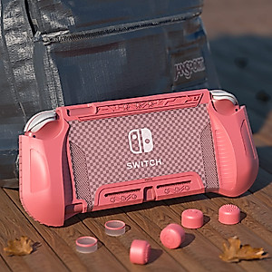 HEYSTOP Case Compatible with Nintendo Switch Lite, with Tempered Glass Screen Protector and 6 Thumb Grip, TPU Protective Cover for Switch Lite with Anti-Scratch/Anti-Dust (Pink)