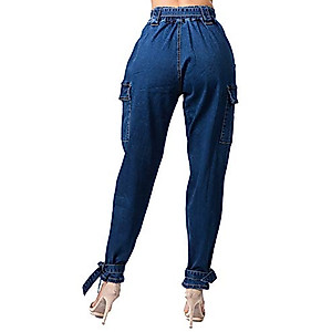 Twiin Sisters Women's Fashion Casual Stretch High Waist Denim Jeans Jogger Pants with Ankle Tie for Women - Small, Dark Blue