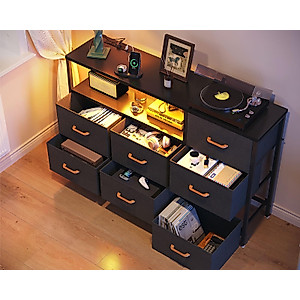 AODK Dresser with LED Lights and Charging Station, 52-Inch Long Dresser for Bedoom with 7 Large Storage Drawers, Fabric Dresser TV Stand with Open Shelves, Dark Grey