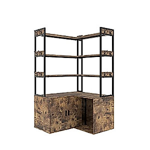 PAKASEPT Litter Box Enclosure with Shelves and Doors, Industrial Corner Shelves with Cat Cabinet &12 Hooks, 3-Shelf Corner Bookshelf, Pullable Carring Tray, Cat Scratcher, for Most of Litter Box