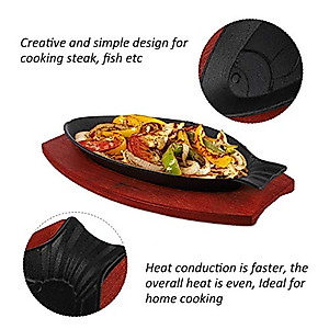 Angoily Small Cast Iron Skillet with Wooden Base, Creative Fish-Shaped Japanese Steak Plate Set for Restaurant Kitchen Cooking Pan Grilling Meats (12.18 X 5.5 X 0.98 inch)