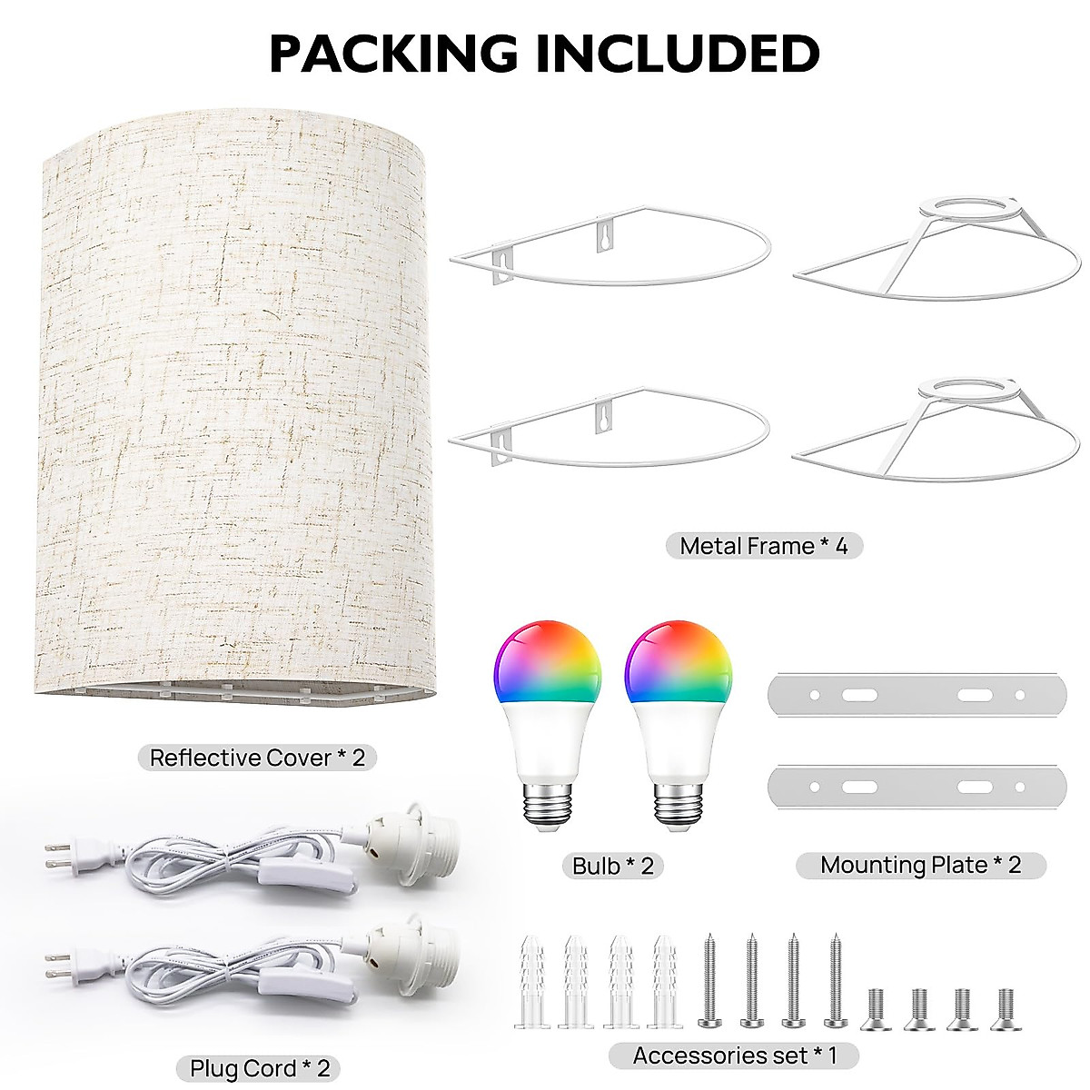 Lenarinter Wall Lamp with Plug in Cord Set of 2, Battery Operated Wall Sconces with RGB Smart Bulb & Switch Control, Linen Fabric Shade, Indoor Wall Lights for Bedroom Living Room Hallway