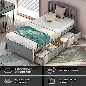 Altillo Twin Size Country Wooden Platform Bed Frames with 2 Storage Drawers/Headboard, Modern Platform Bed with Solid Wood Slat Support for Bedroom Boys Girls Adults Teens, Noise-Free (Gray)