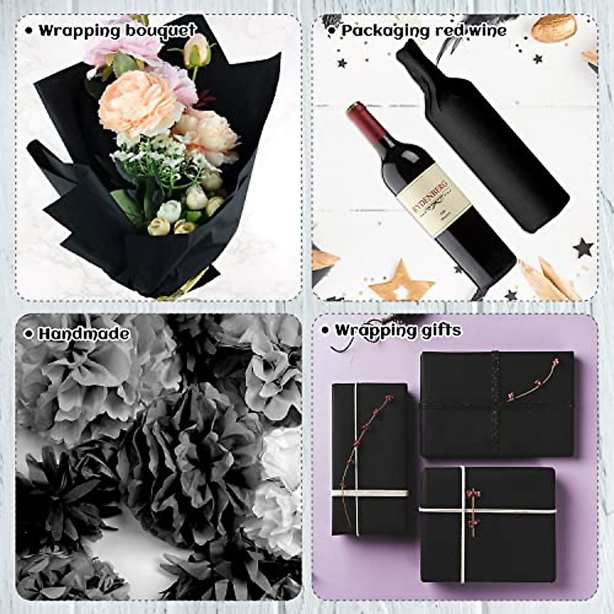 NEBURORA 120 Sheets Black Tissue Paper 14 x 20 Inches Black Wrapping Tissue Paper Bulk Black Wrap Paper Sheets for Gift Bags Packaging Floral Filler Crafts Birthday Christmas Halloween Decor(Black)