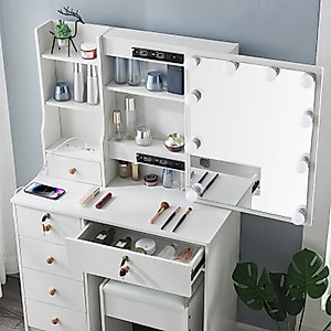 Saihemei Makeup Vanity Table with Lighted Mirror, Adjustable Brightness 3 Lighting Modes Dressing Table with Stool and Storage Shelves for Women Girls