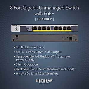 NETGEAR 8-Port Gigabit Ethernet Unmanaged PoE Switch (GS108LP) - with 8 x PoE+ @ 60W Upgradeable, Desktop, Wall Mount or Rackmount, and Limited Lifetime Protection
