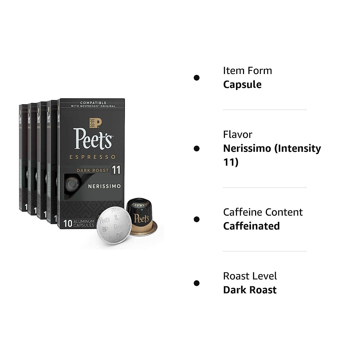 Peet's Coffee, Dark Roast Espresso Pods, Nerissimo Intensity 11, 50 Count (5 Boxes of 10 Espresso Capsules)