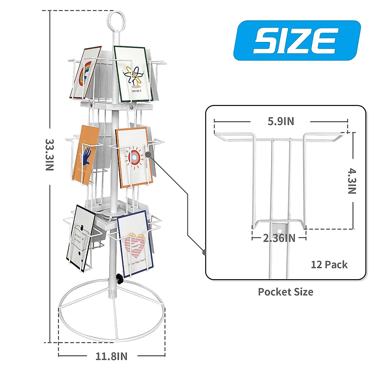 Tongmo Rotating Greeting Card Stand - Enhance Your Display with a 12-Pocket Rotating Countertop Solution for Postcards, Brochures, and Greeting Cards (7”H - 12 Pockets) (White)