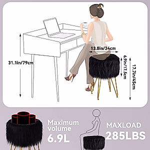 RunLexi Vanity Stool Chair with Storage, Faux Fur Makeup Room Seat Stool, Soft Padded Seat, Round Footrest Footstools with 4 Metal Legs & Adjustable Footings, Vanity, Bathroom, Bedroom Chairs Black