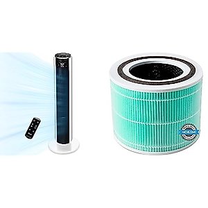 LEVOIT Tower Fan for Bedroom, 25ft/s Velocity 28dB Cooling Fan with Remote, Bladeless and 90° Oscillating & Core 300 Air Purifier Toxin Absorber Replacement Filter, 3-in-1 HEPA, High-Efficiency