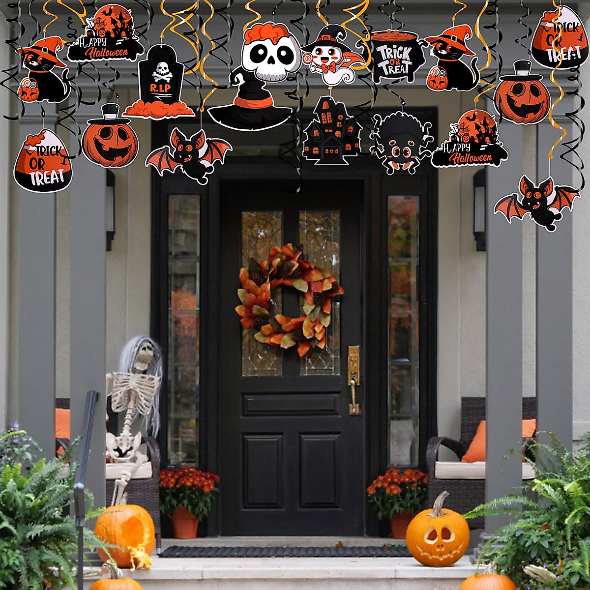 KIMOBER 36PCS Halloween Hanging Swirls Decorations,Black Orange Double Sided Swirl Hanging Decor for Halloween Trick or Treat Party Decoracion