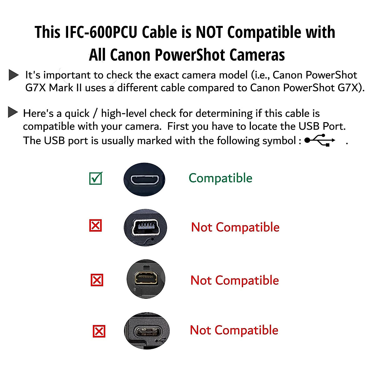 Replacement Interface Cable IFC-600PCU Compatible with Canon PowerShot G7X Mark II, G9 X, G9 X Mark II, SX620 HS, SX720 HS, SX730 HS, EOS M5, EOS M6 (Not for G7X)