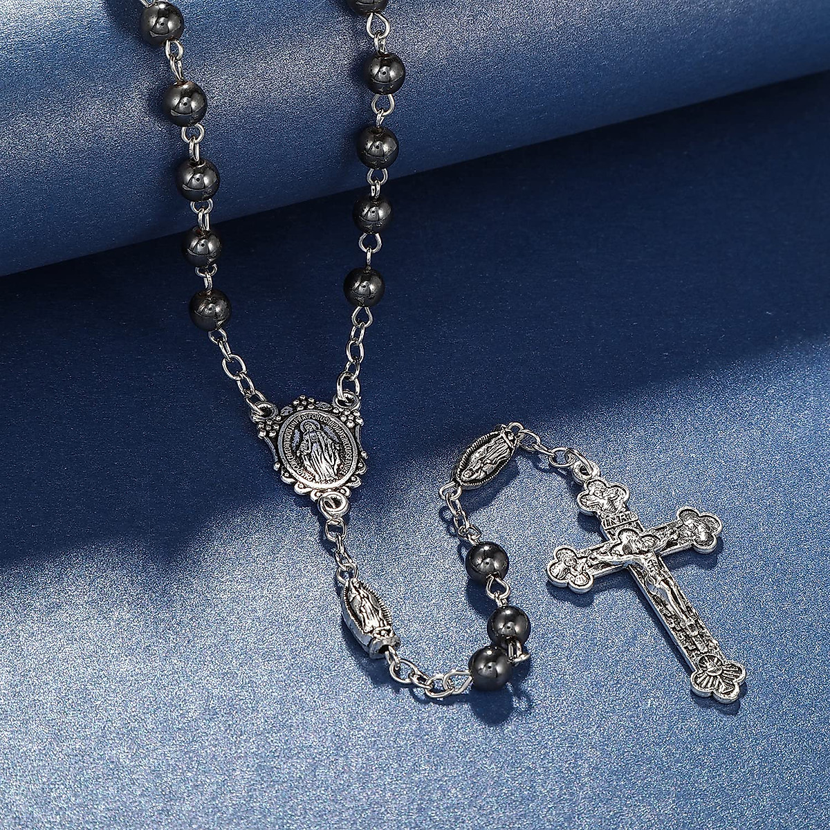 Rnivida Black Hematite Beads Rosary Virgin Mary Cross Rosary Necklace with Jesus Crucifix, Miraculous Mary Medal Rosary Catholic Prayer Gifts for Women