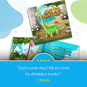 Personalized Story Book by Dinkleboo - The Dinosaur - for Kids Aged 0 to 8 Years Old -A Story About Your Child Going on an Adventure to find a New Dinosaur Friend. Soft Cover. 8"x8"